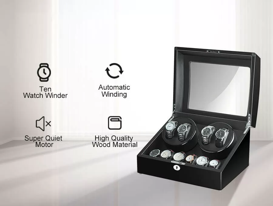 4-Slot Watch Winder with 6 Watch Storage Compartments — Black | Roroos