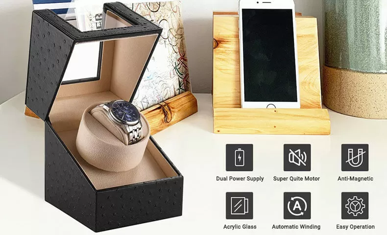 Automatic Single Watch Winder Black Leather - Quiet Motor, AC/Battery ...